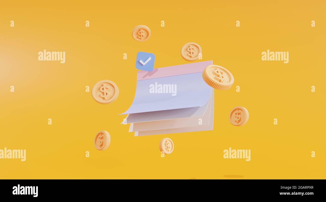 Account book, checkbook, with coins, on pink isolated background Stock ...