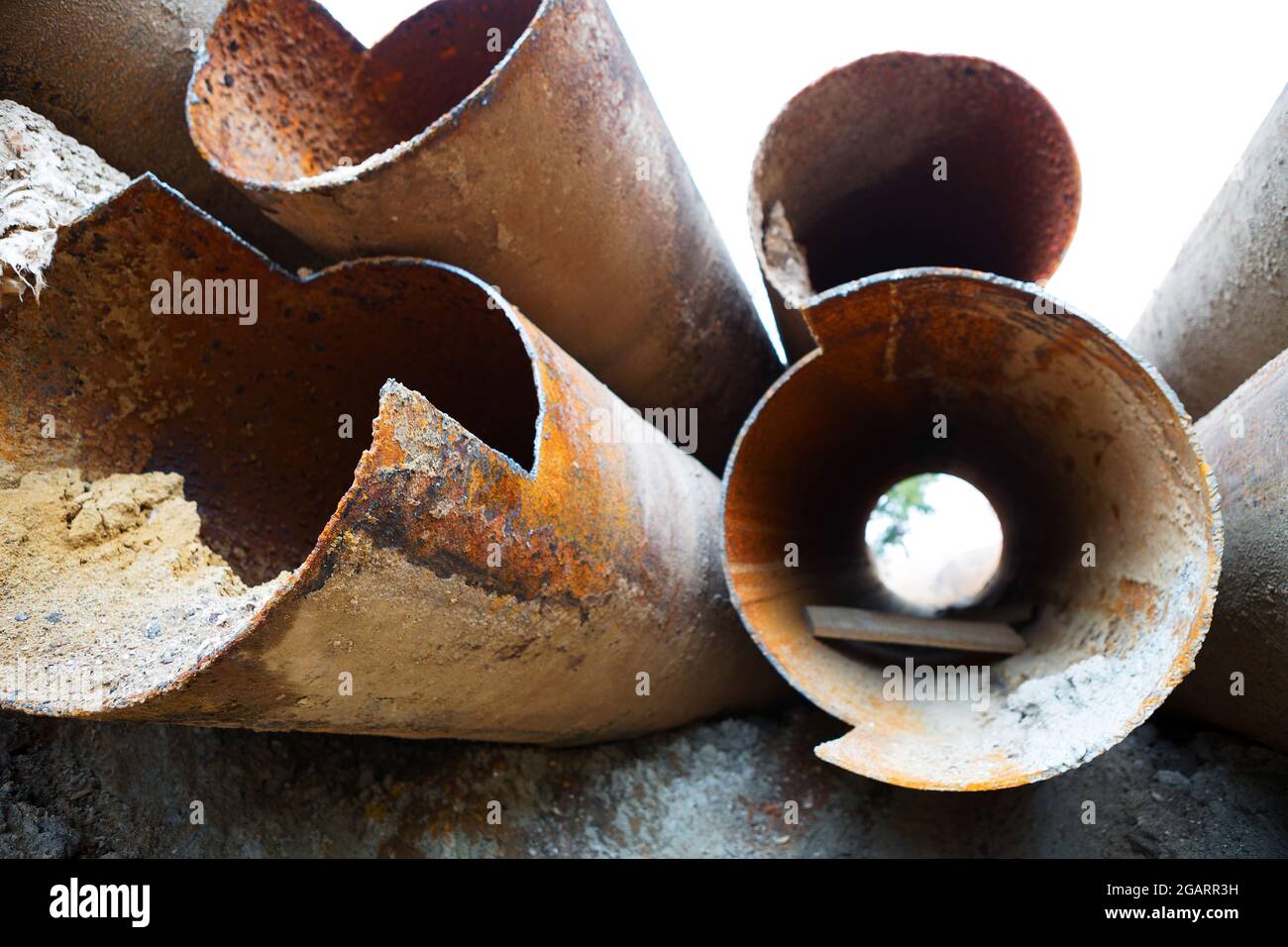 Fragments of old large water pipes. After many years of operation ...