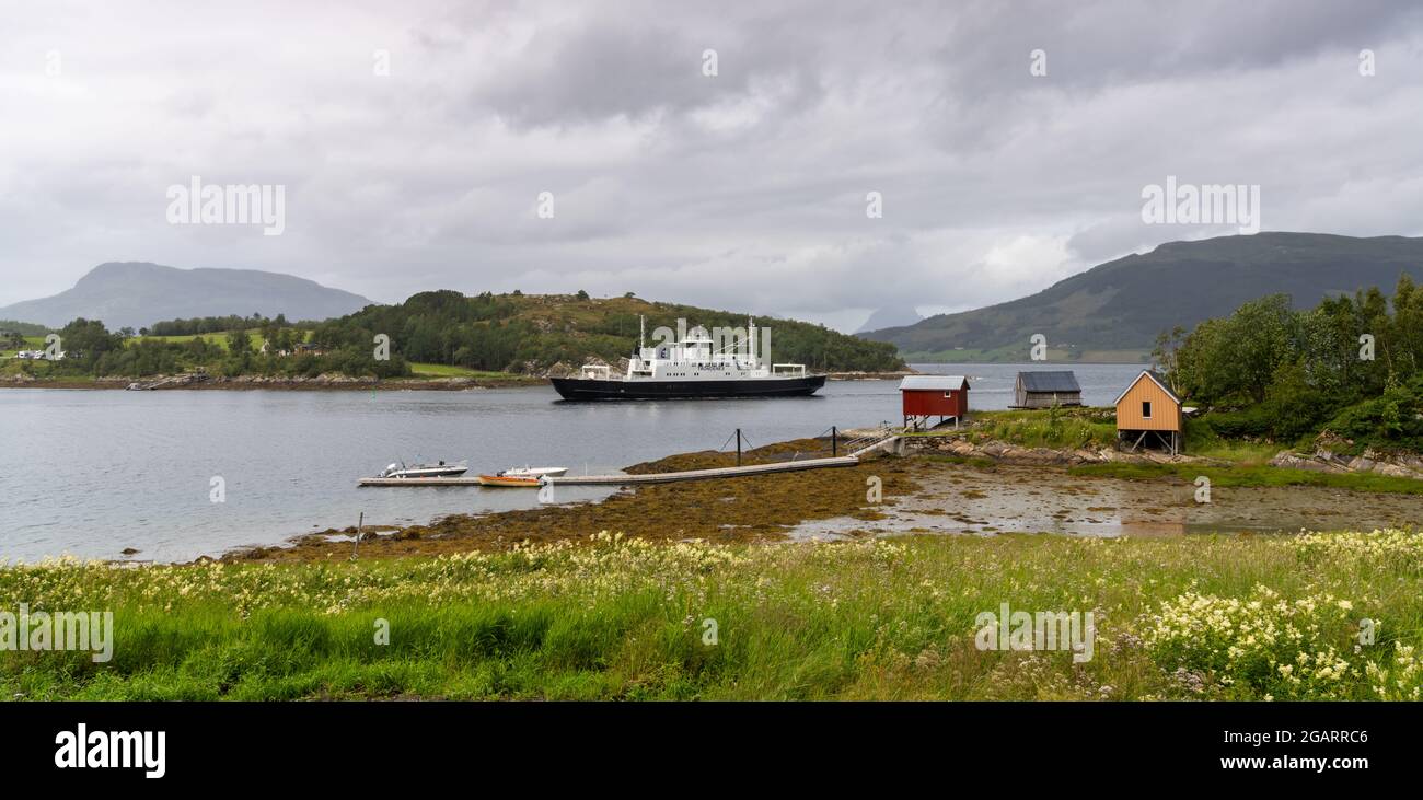 Levang, Norway - 17 July, 2021: the ferry arrives from Nesna at the ...