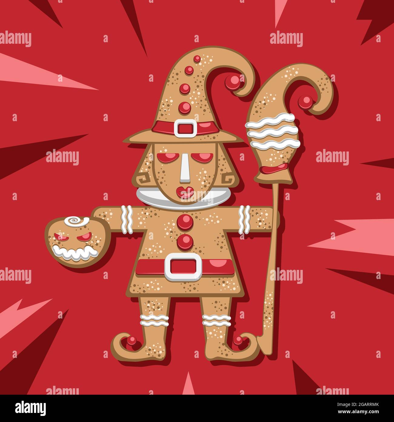 gingerbread witch in a hat with a broom and a pumpkin cartoon on a red ...