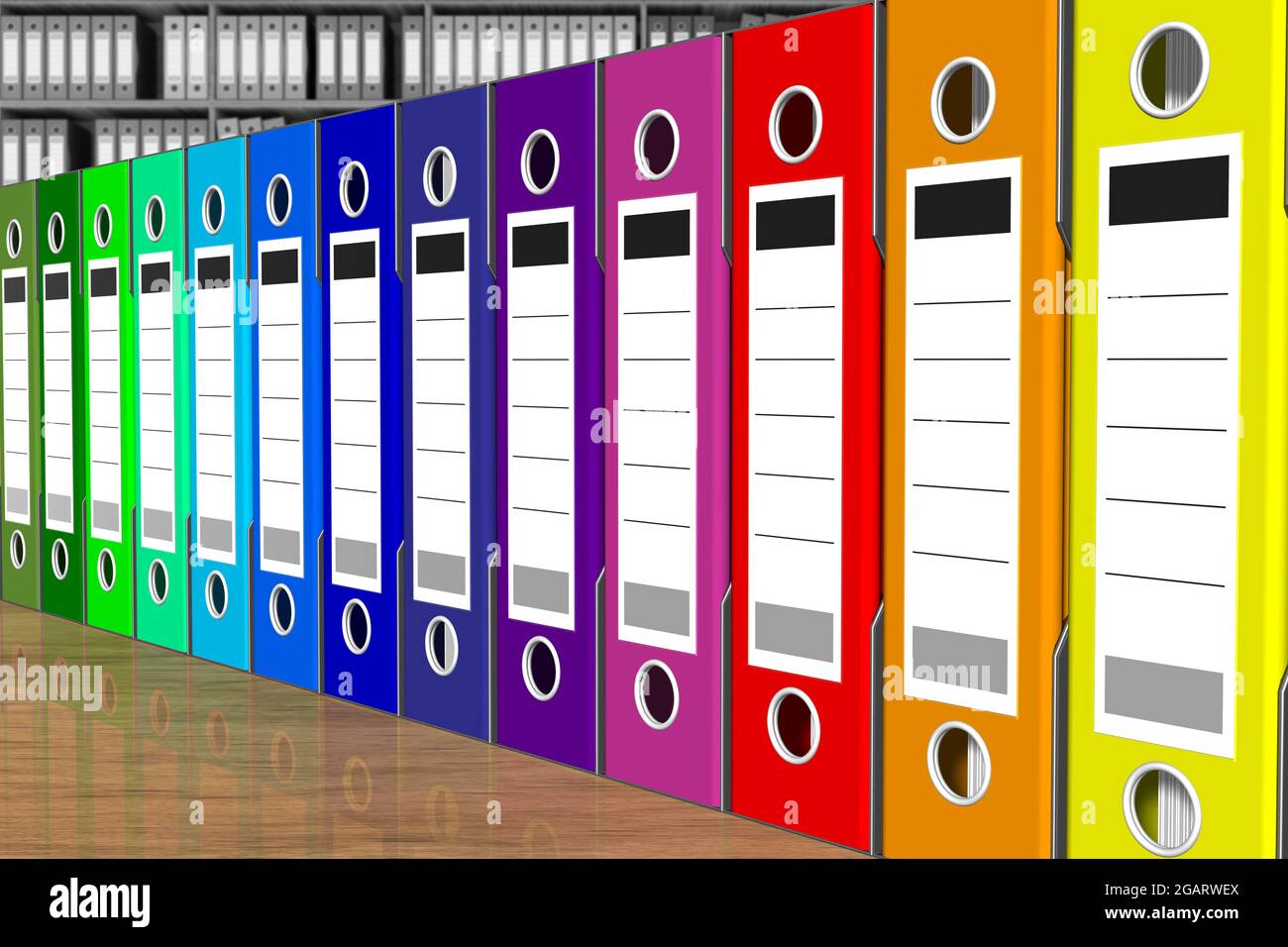 3D illustration. Series of folders of various colors wallets for ...