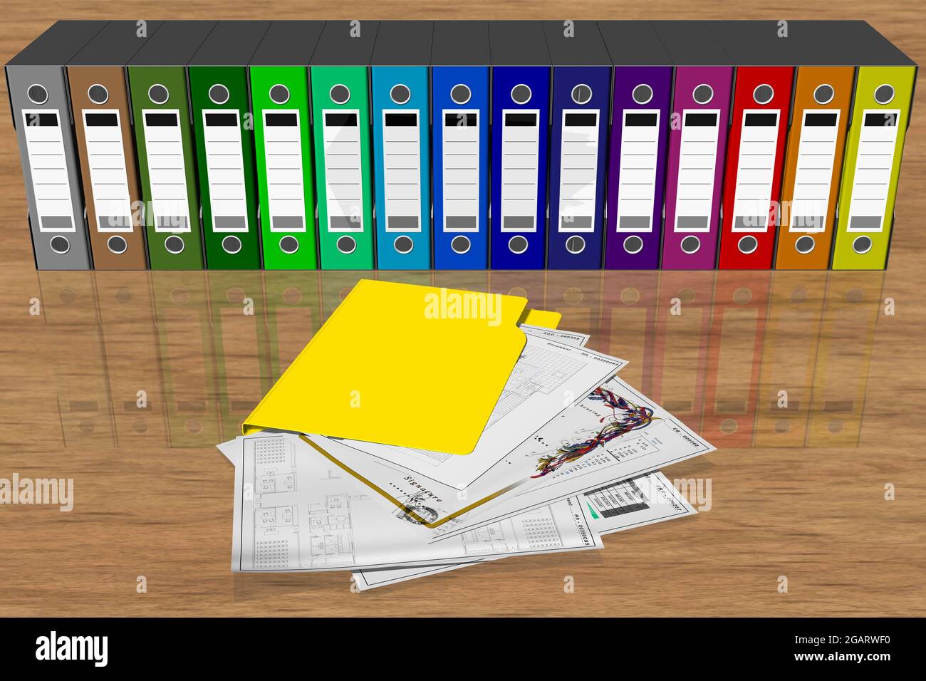 3D illustration. Series of folders of various colors wallets for ...