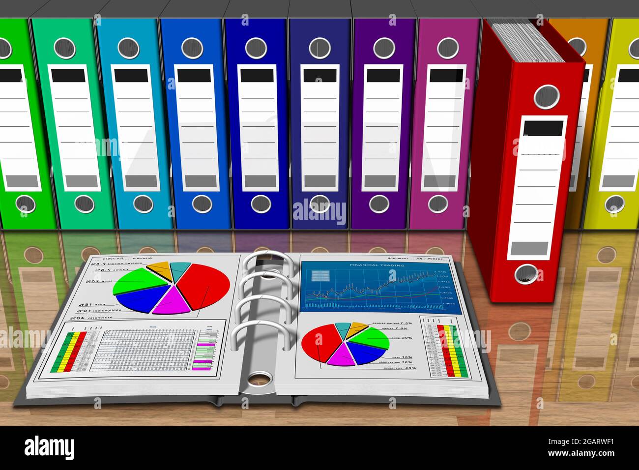 3D illustration. Series of folders of various colors wallets for ...