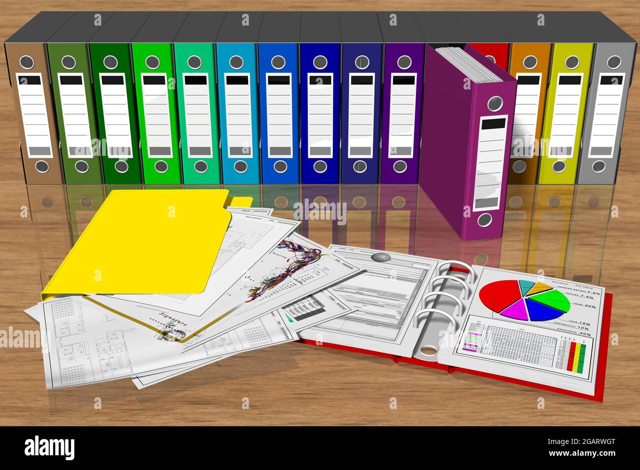 3D illustration. Series of folders of various colors wallets for ...