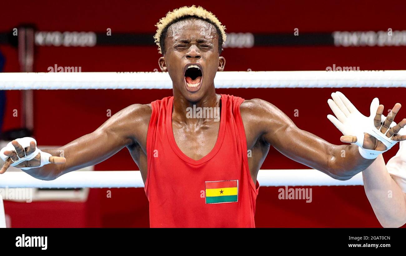 Tokyo, Japan. 1st Aug, 2021. Samuel Takyi (red) of Ghana celebrates ...