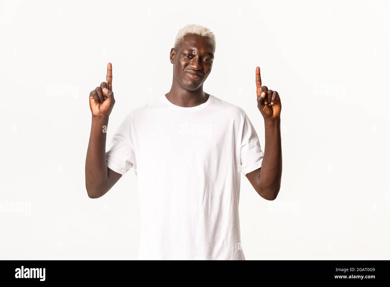 Portrait of skeptical blond african-american guy smirk and pointing ...