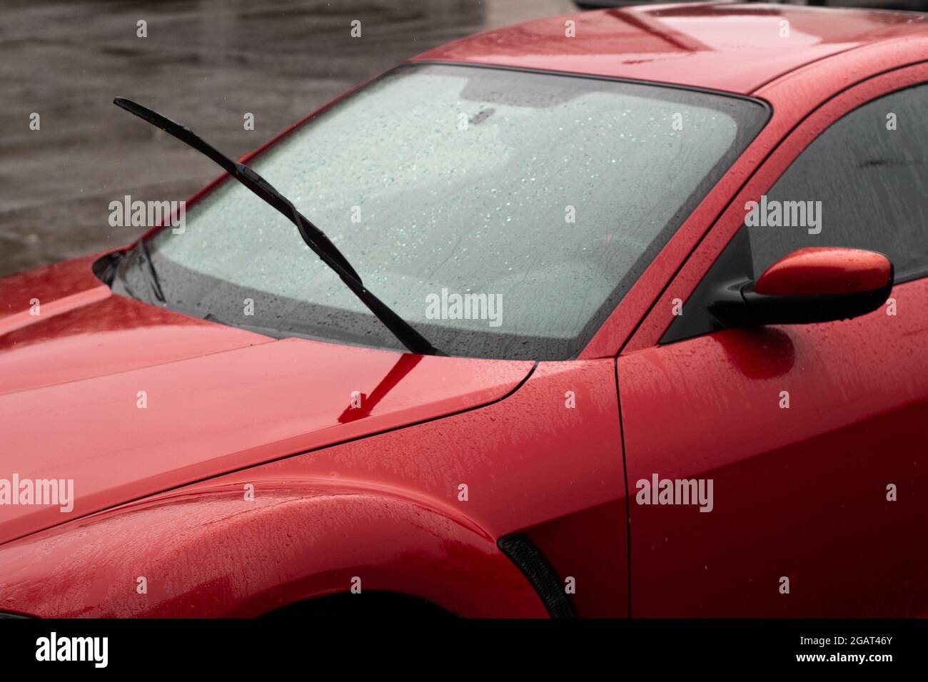 Red car in the parking lot. Car surface. Wet car after rain. Details of ...
