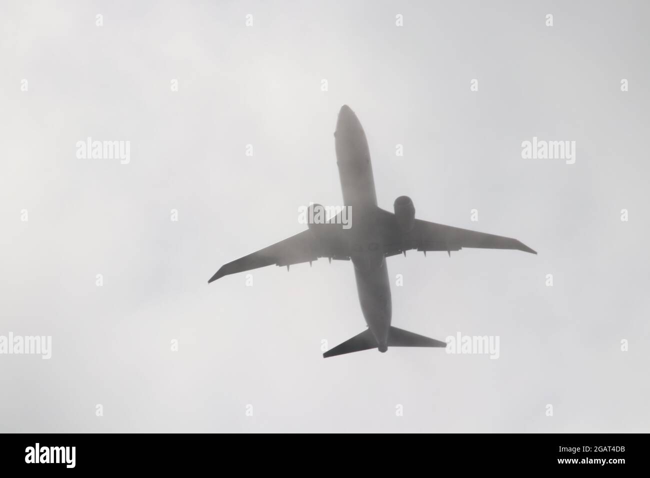 Plane disappearing into low cloud Stock Photo - Alamy