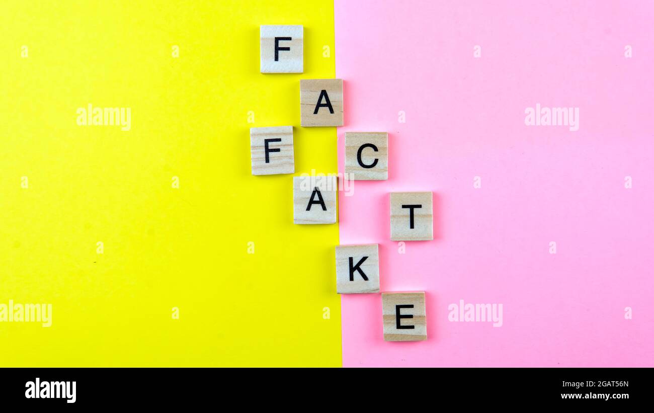 A tiles of word forming word fact and fake on a yellow and pink ...