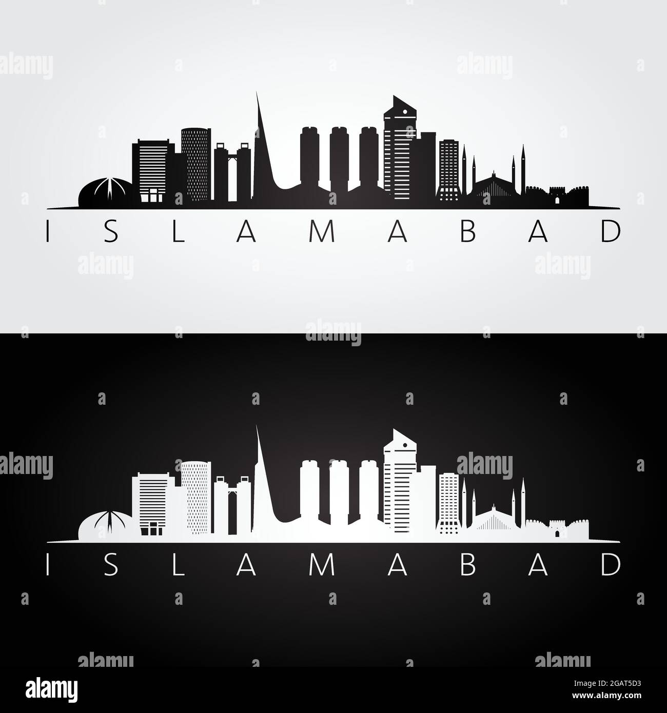 Islamabad skyline and landmarks silhouette, black and white design ...