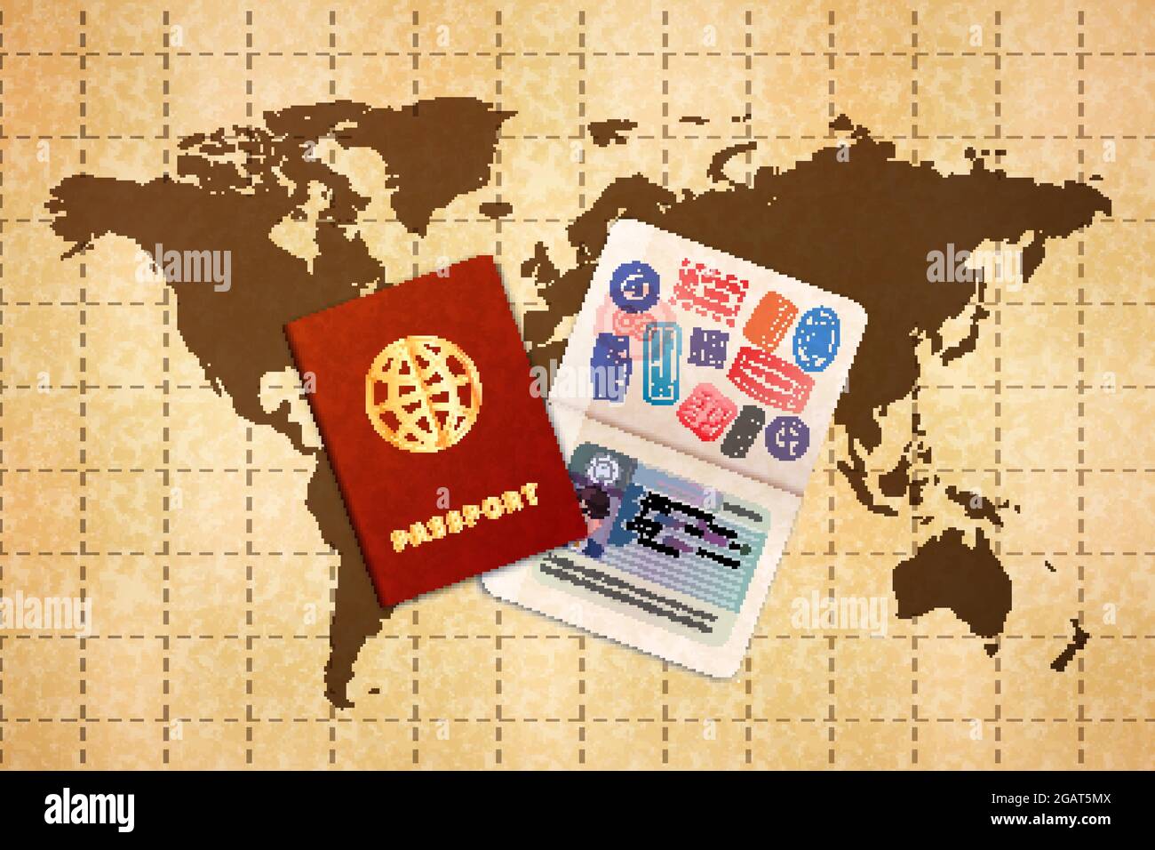 Two passports with EU visa on ancient world map on old textured paper ...