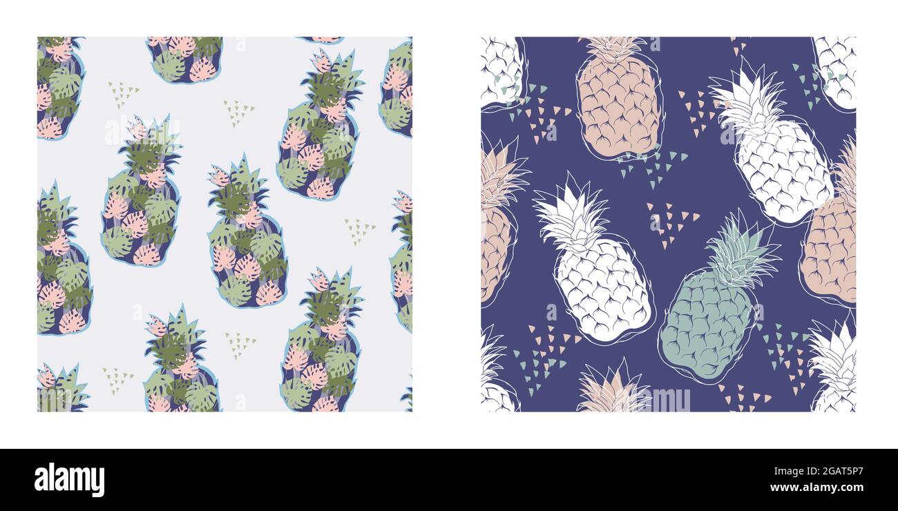 Seamless patterns collection with tropical pineapple fruits, vector ...