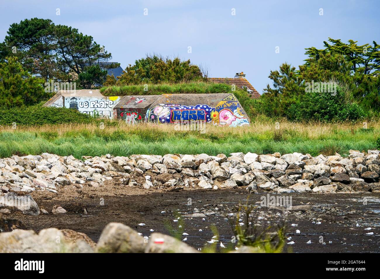 WWII German Blockhaus covered with urban paintings, Manche department ...