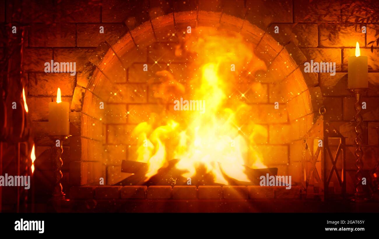 red stone fireplace flames glowing , concept object 3D illustration ...