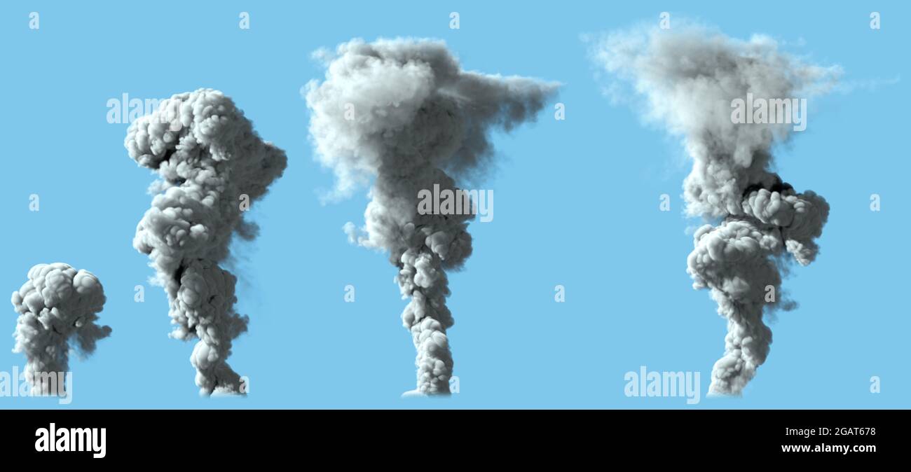 4 renders of solid gray smoke column as from volcano or big industrial ...