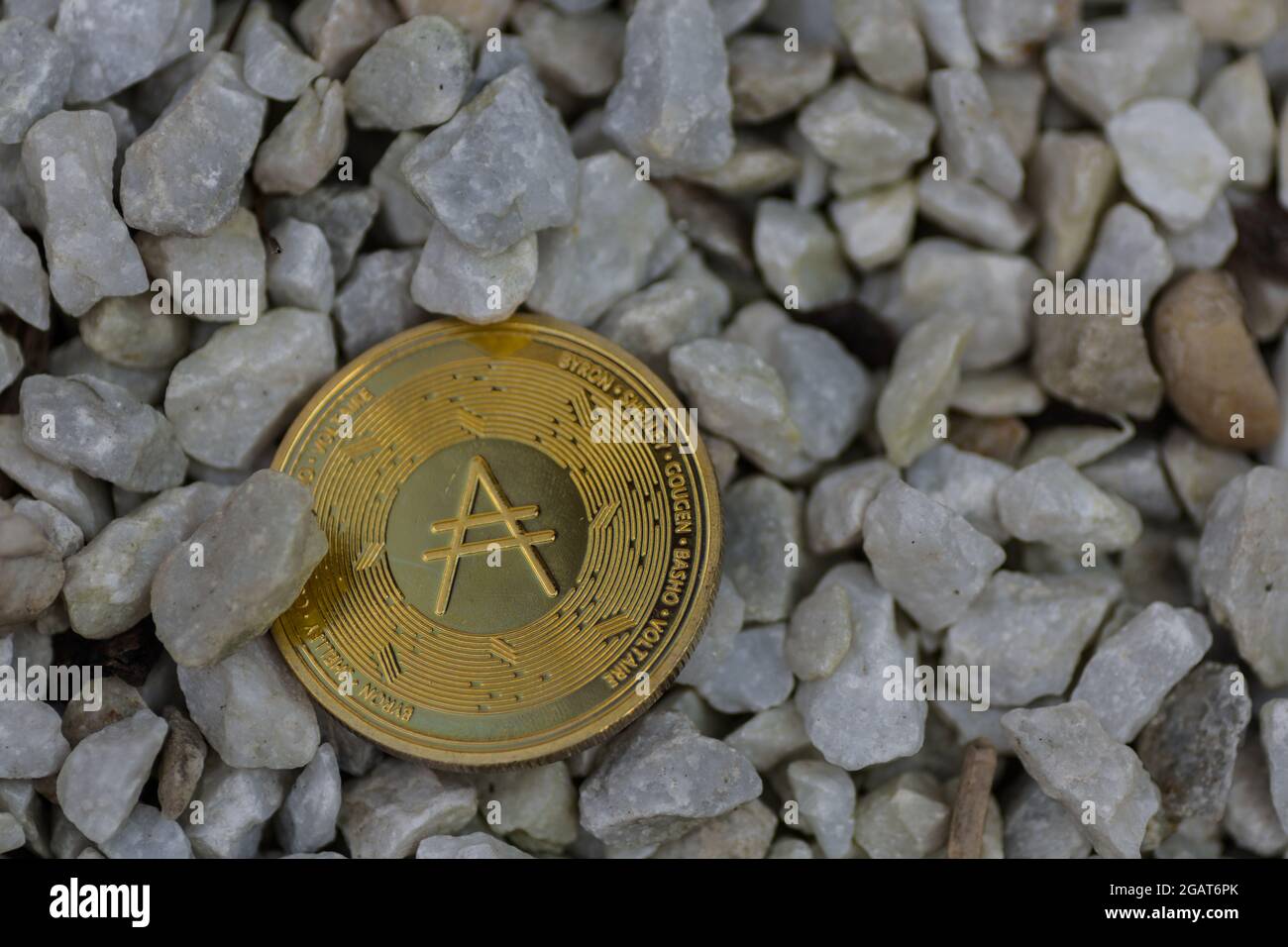 single golden ada coin from cardano currency lying on white gravel ...