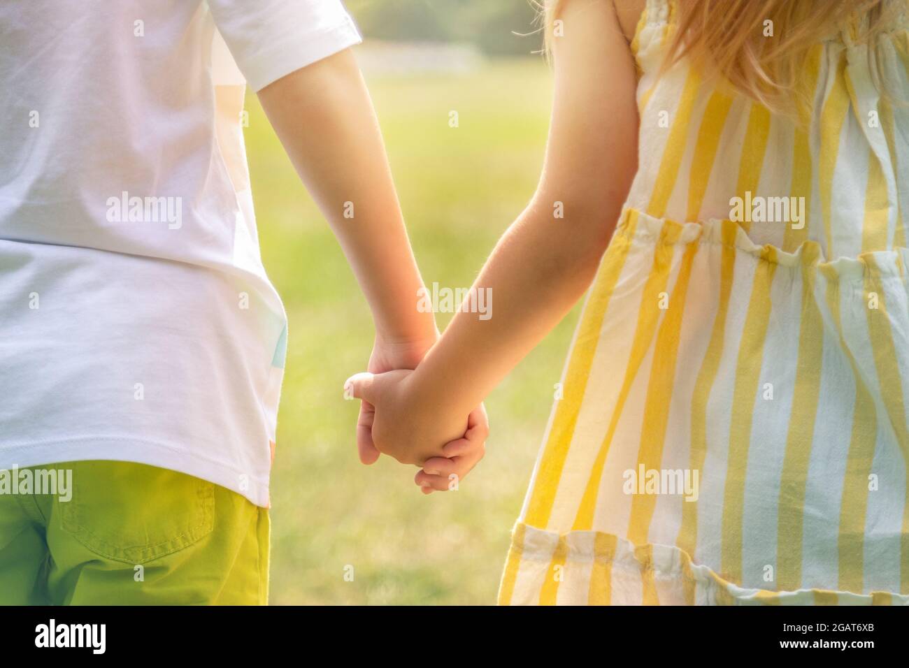 Boy and girl, brother and sister go hand in hand across the field ...