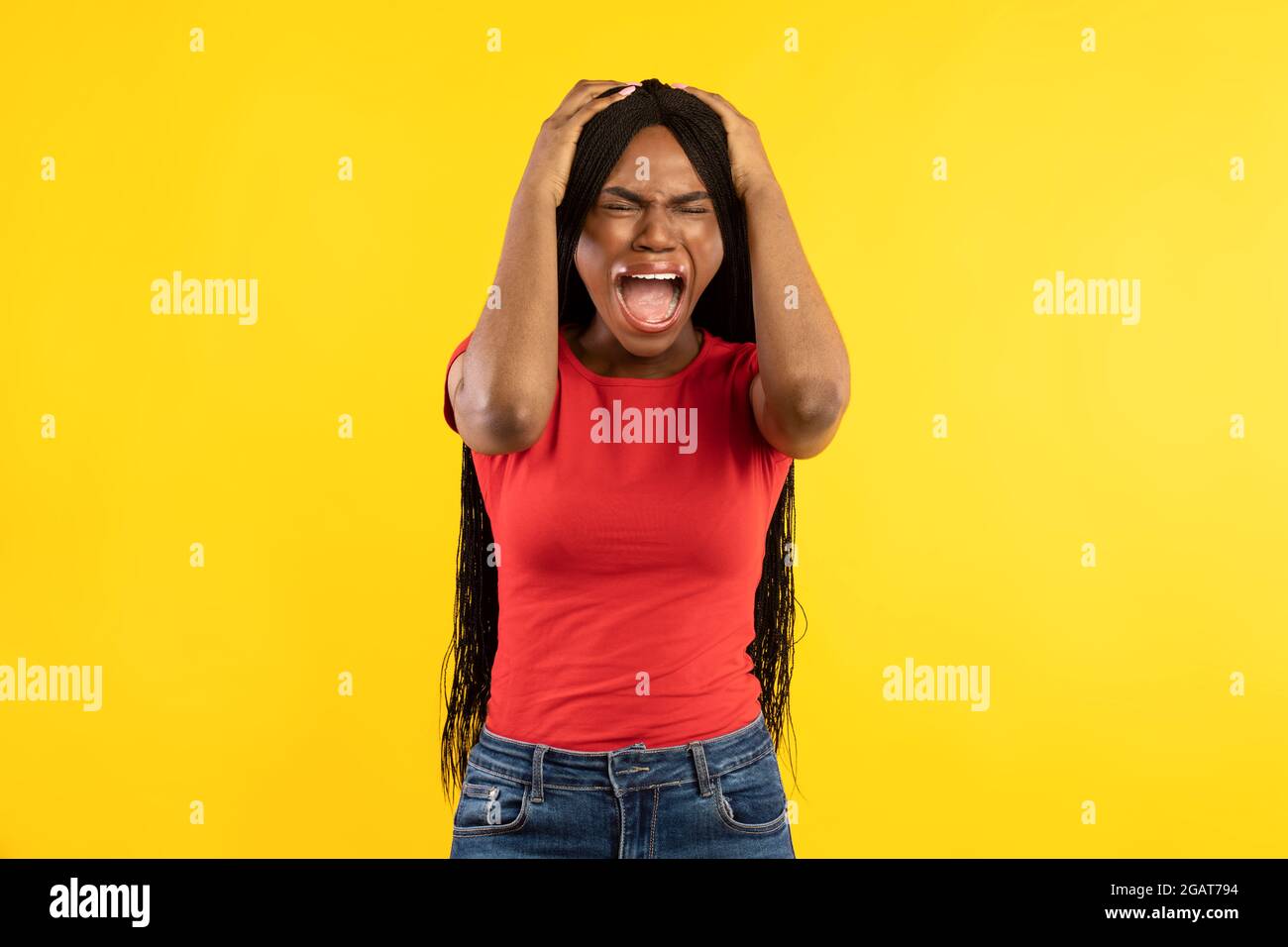 Emotional African American Lady Screaming Out Loud Touching Head ...