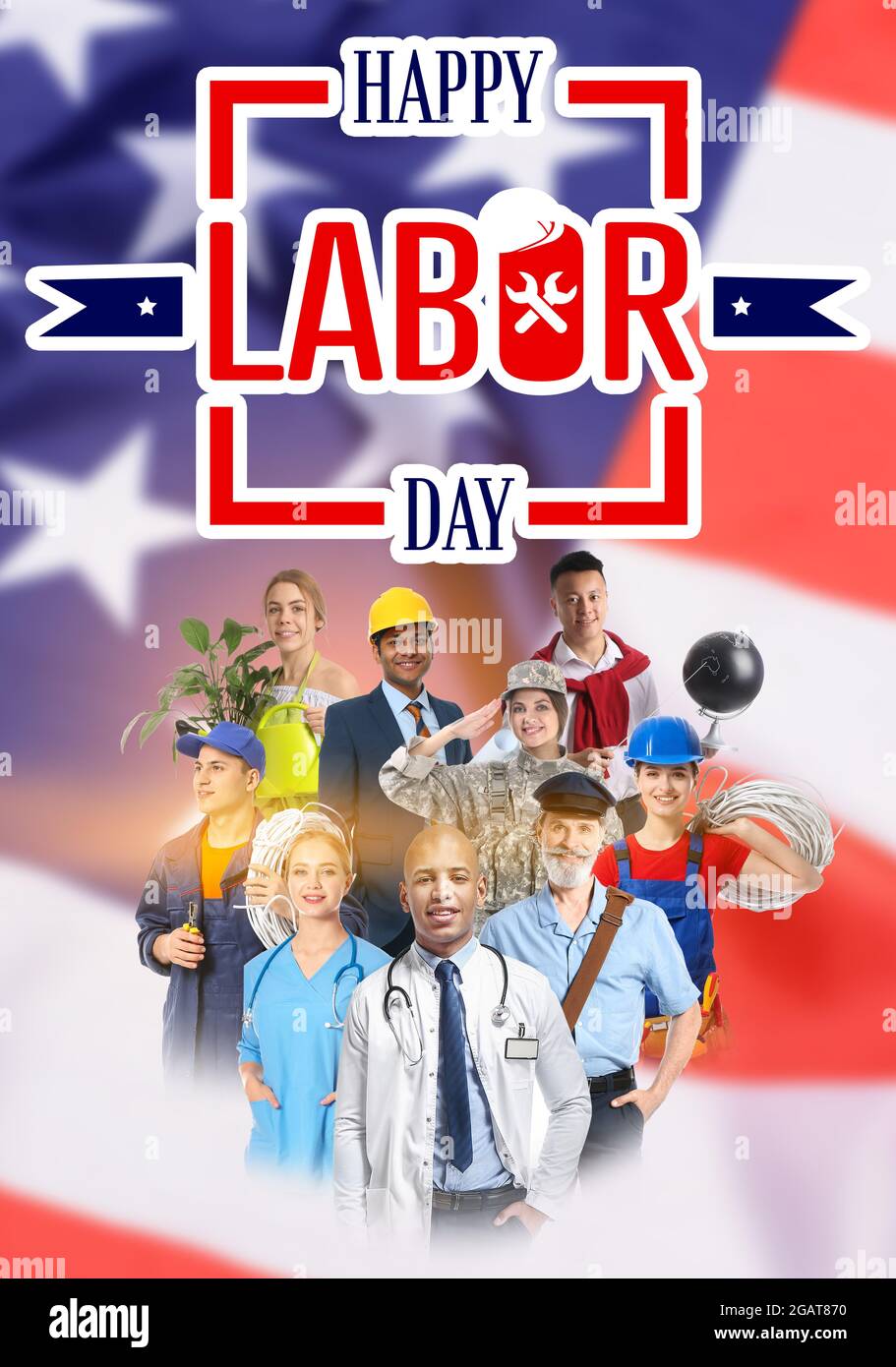 Many people of different professions and text HAPPY LABOR DAY against ...
