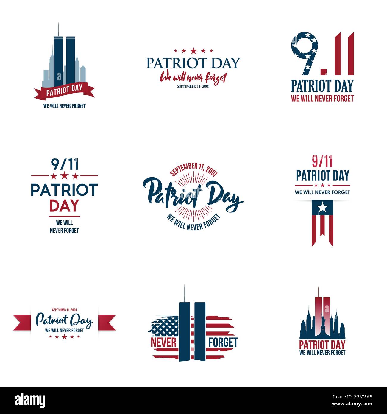 Set of various Patriot Day graphics, cards and banners, emblems ...