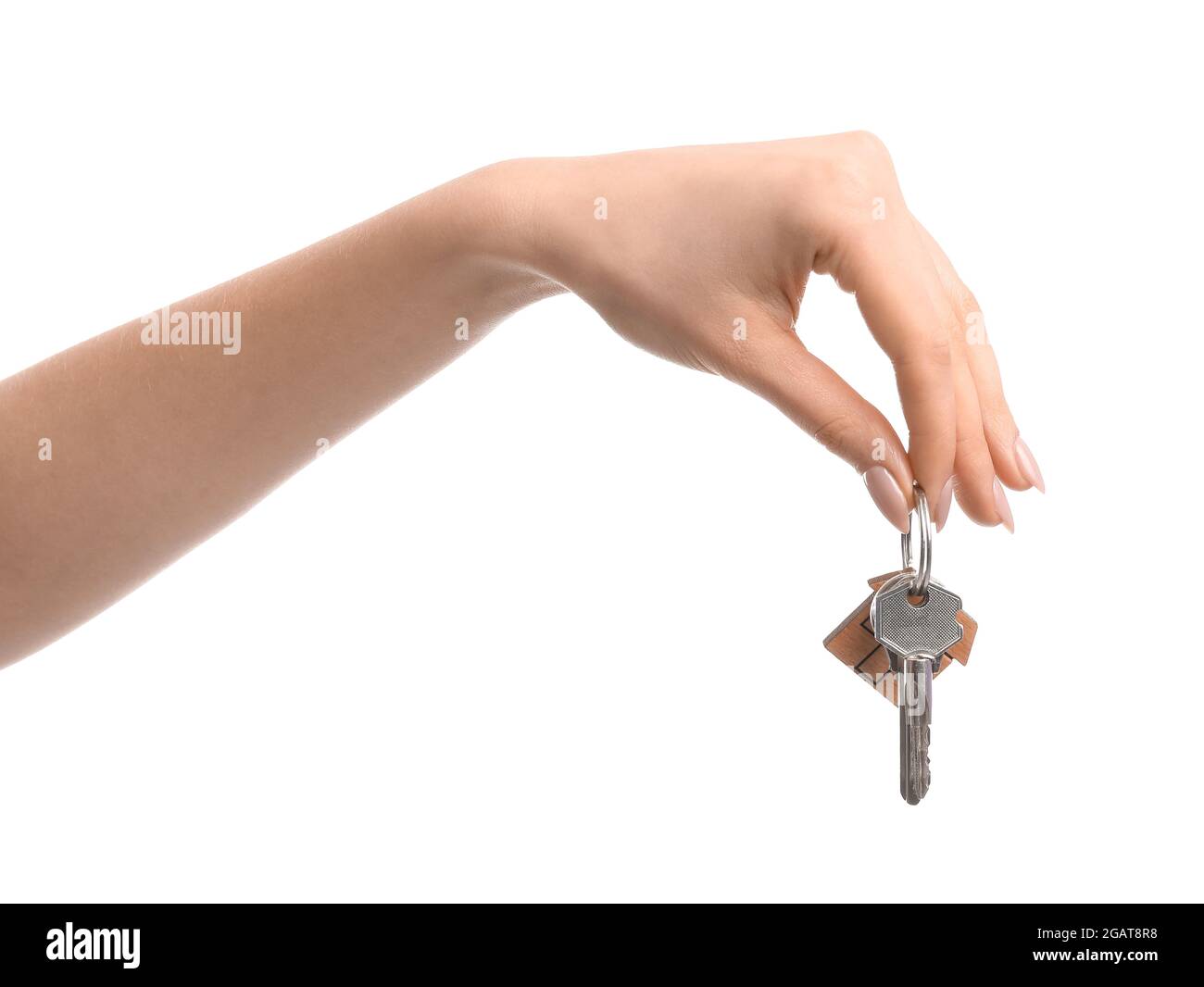 Female hand and key from house on white background Stock Photo - Alamy