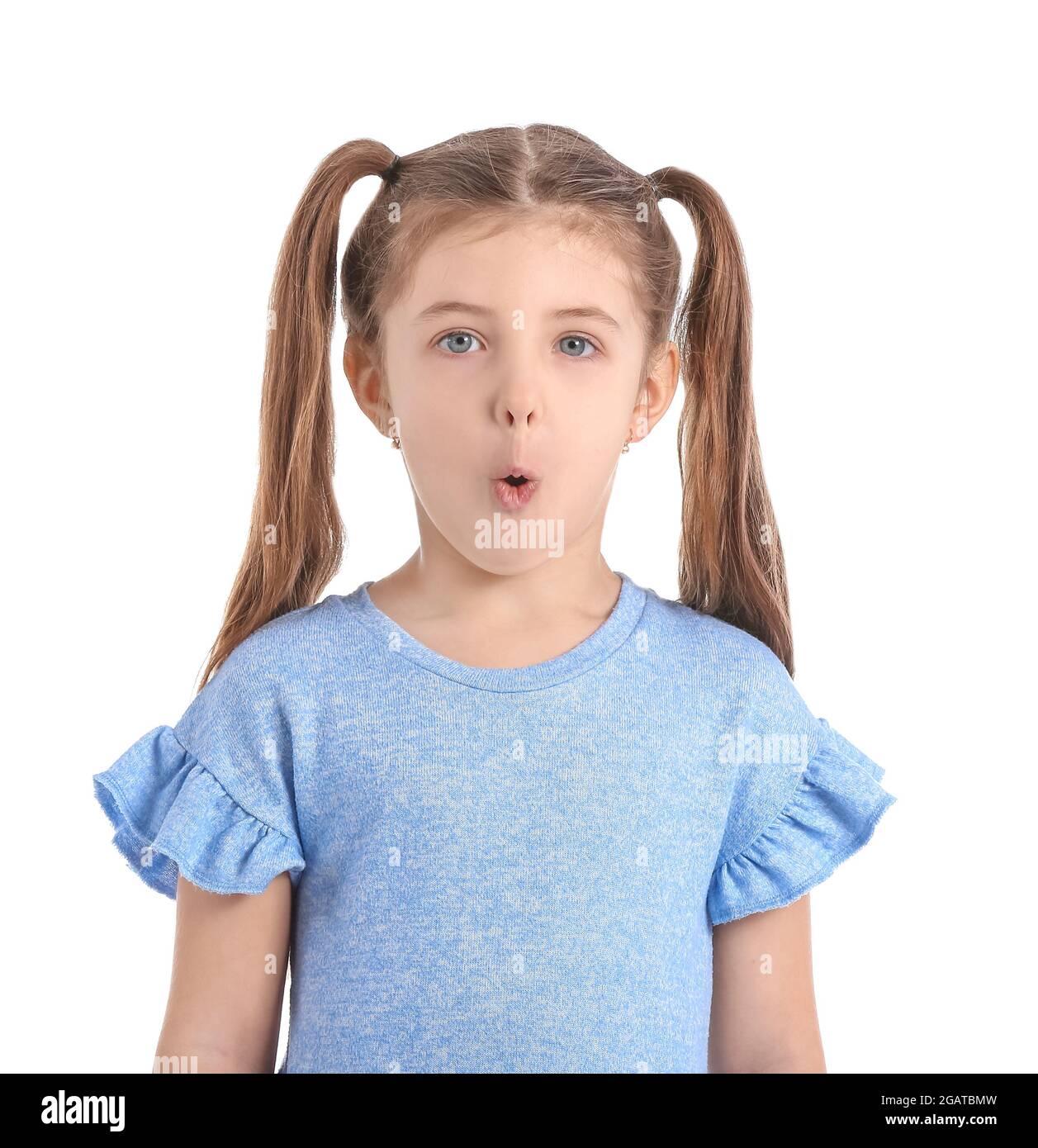 Little girl training pronounce letters on white background Stock Photo ...
