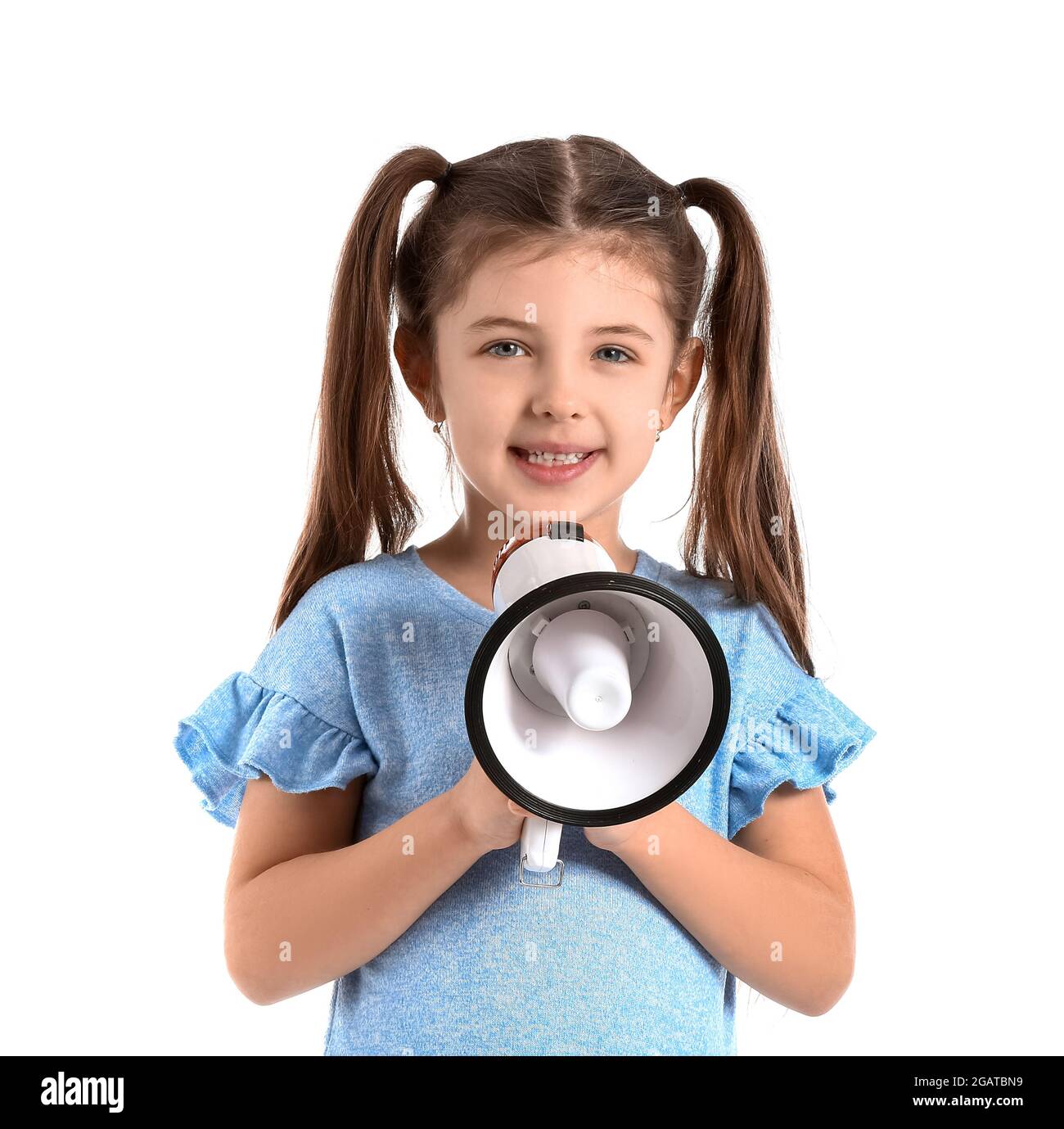 Little girl with megaphone training pronounce letters on white ...