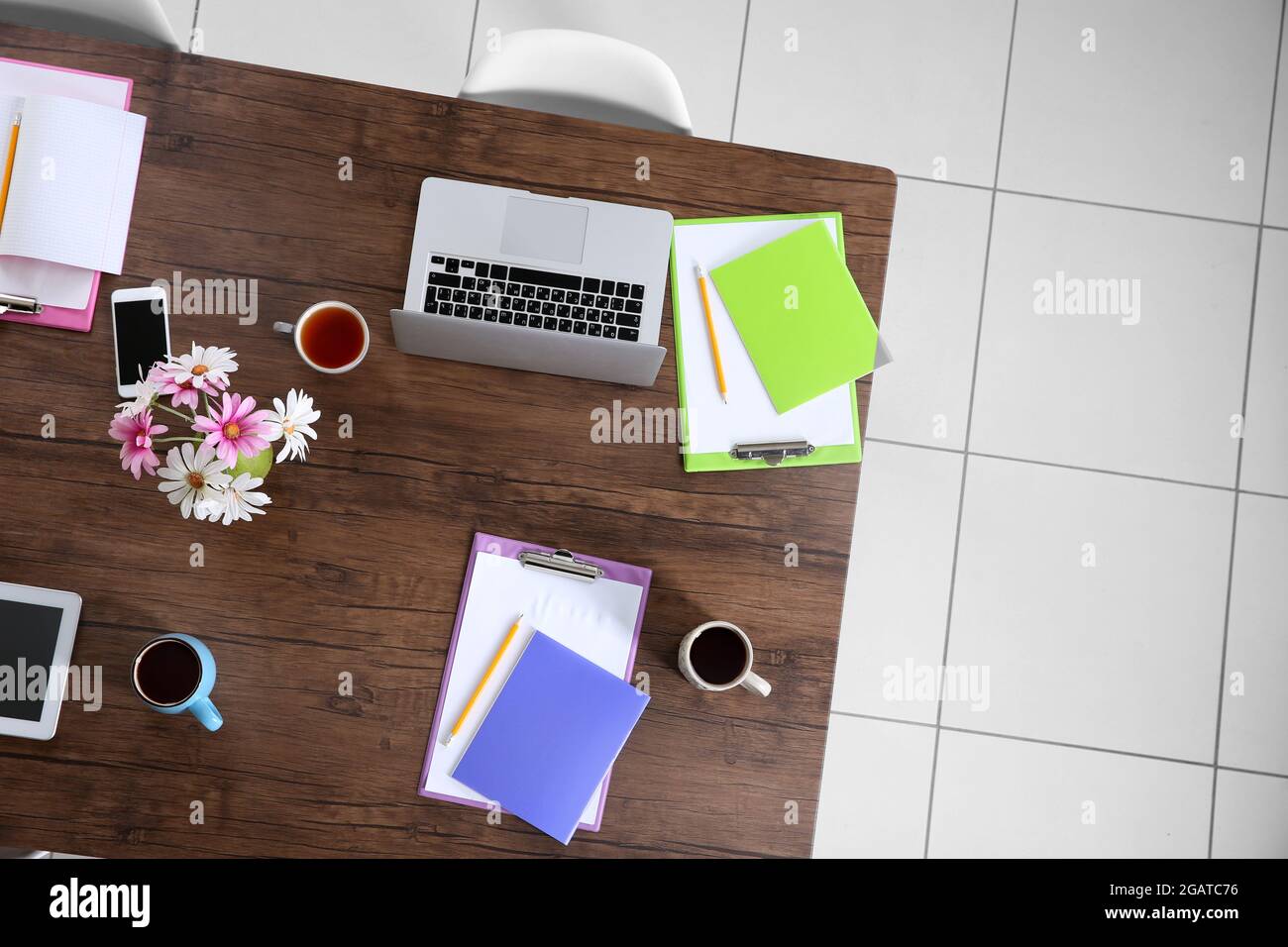 Session concept. Workplace top view Stock Photo - Alamy