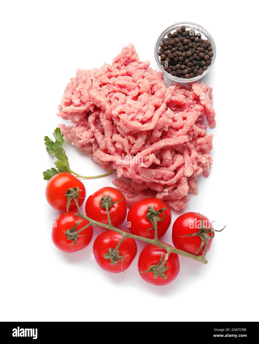 Composition with fresh forcemeat on white background Stock Photo - Alamy