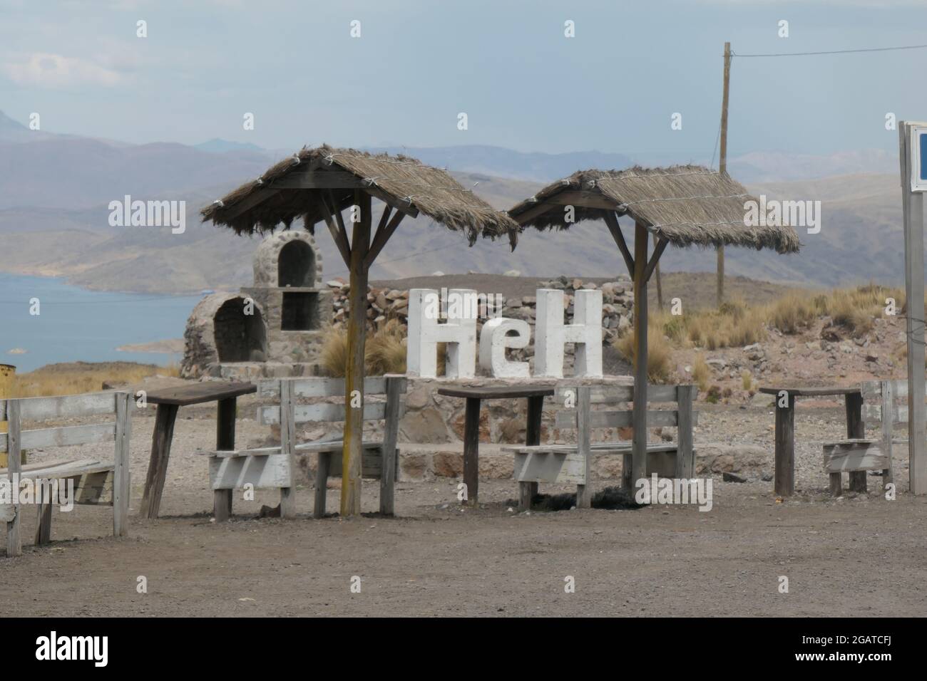 Village sign called Heh in Peru mountains signs outside stall stalls ...