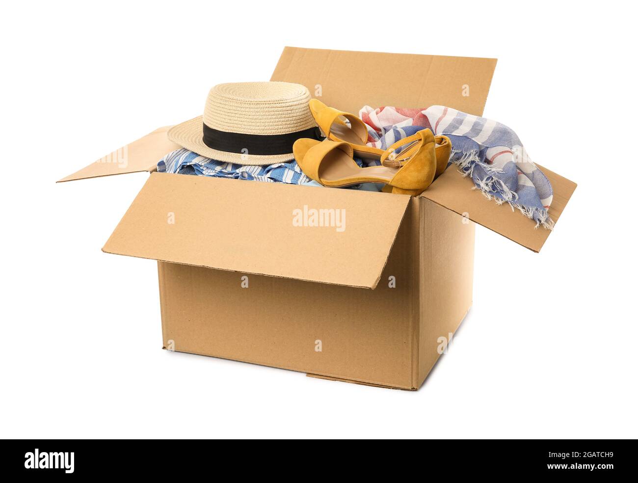 Wardrobe box with clothes on white background Stock Photo - Alamy