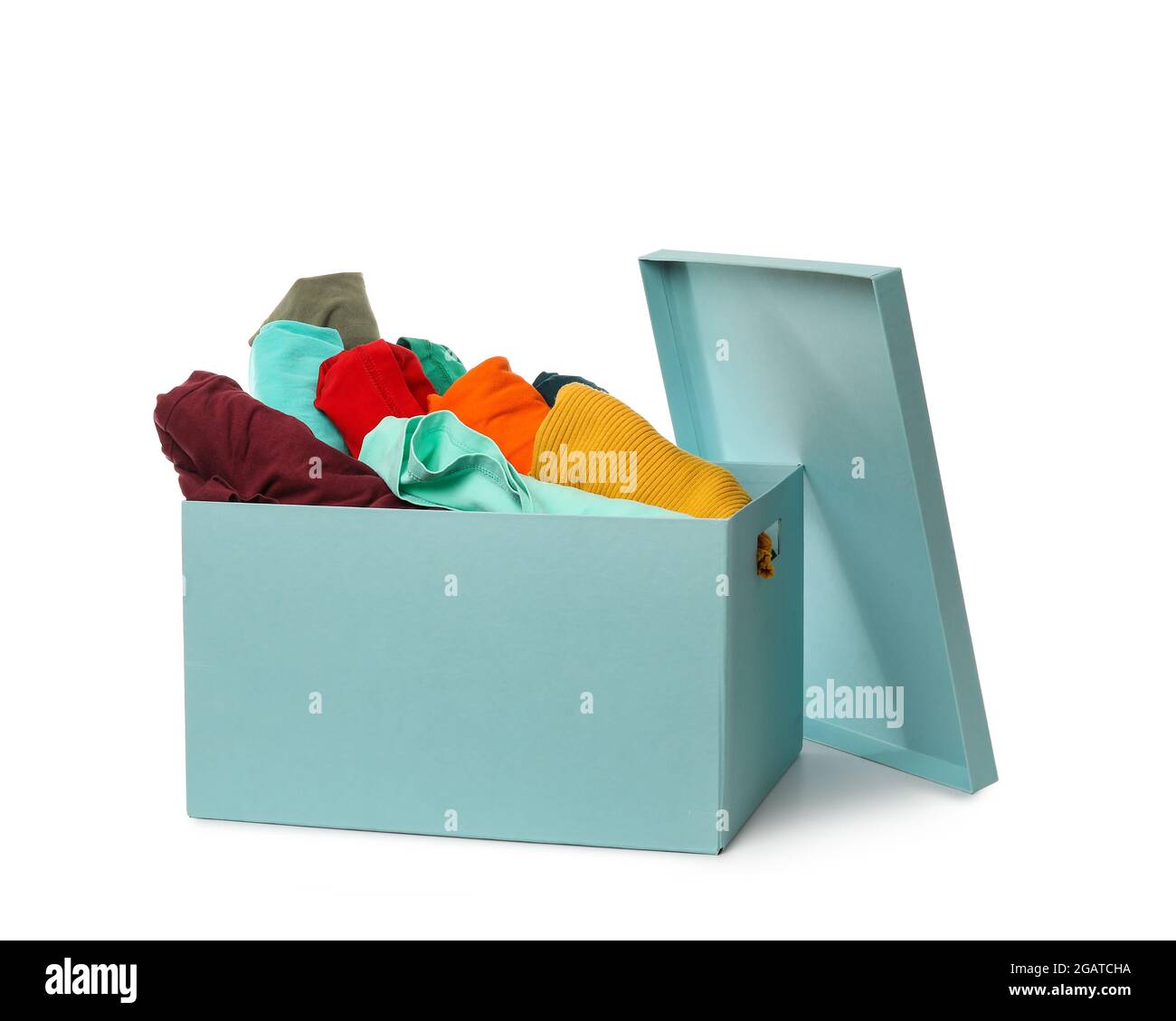 Wardrobe box with clothes on white background Stock Photo - Alamy