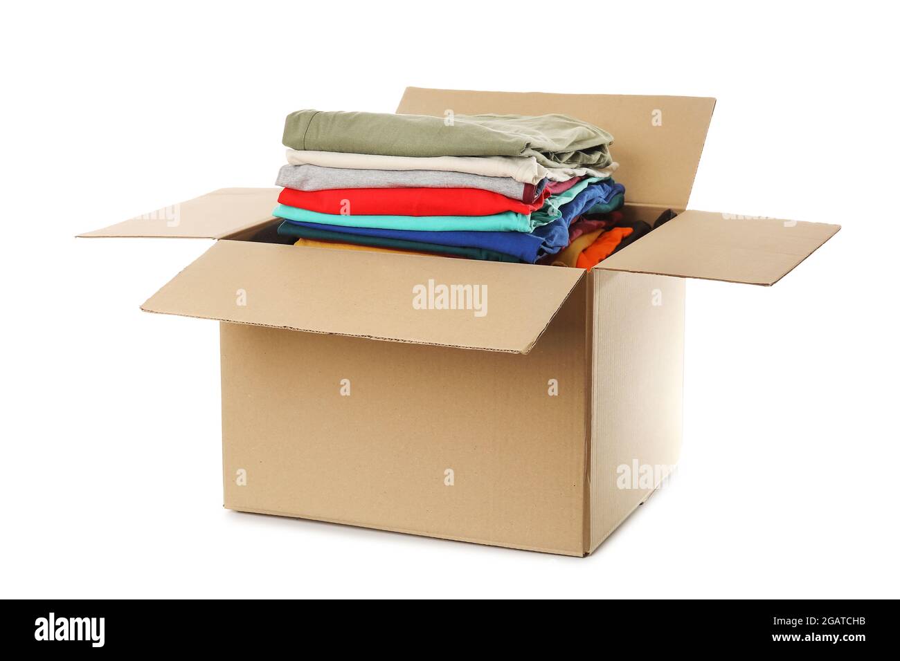 Wardrobe box with clothes on white background Stock Photo - Alamy