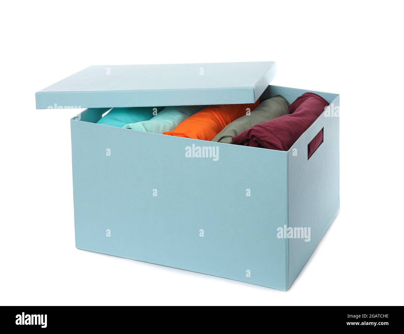 Wardrobe box with clothes on white background Stock Photo - Alamy