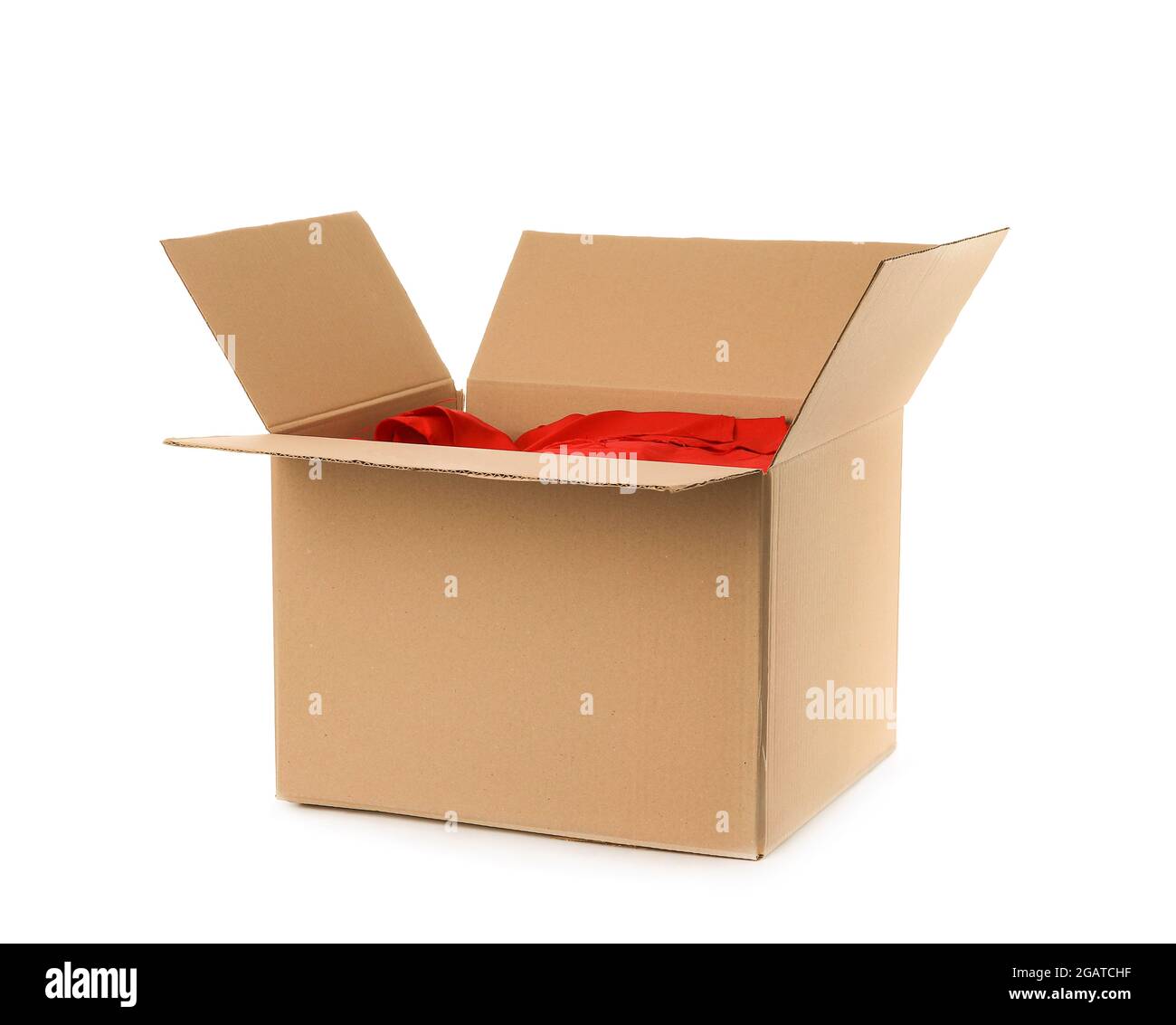 Wardrobe box with clothes on white background Stock Photo - Alamy