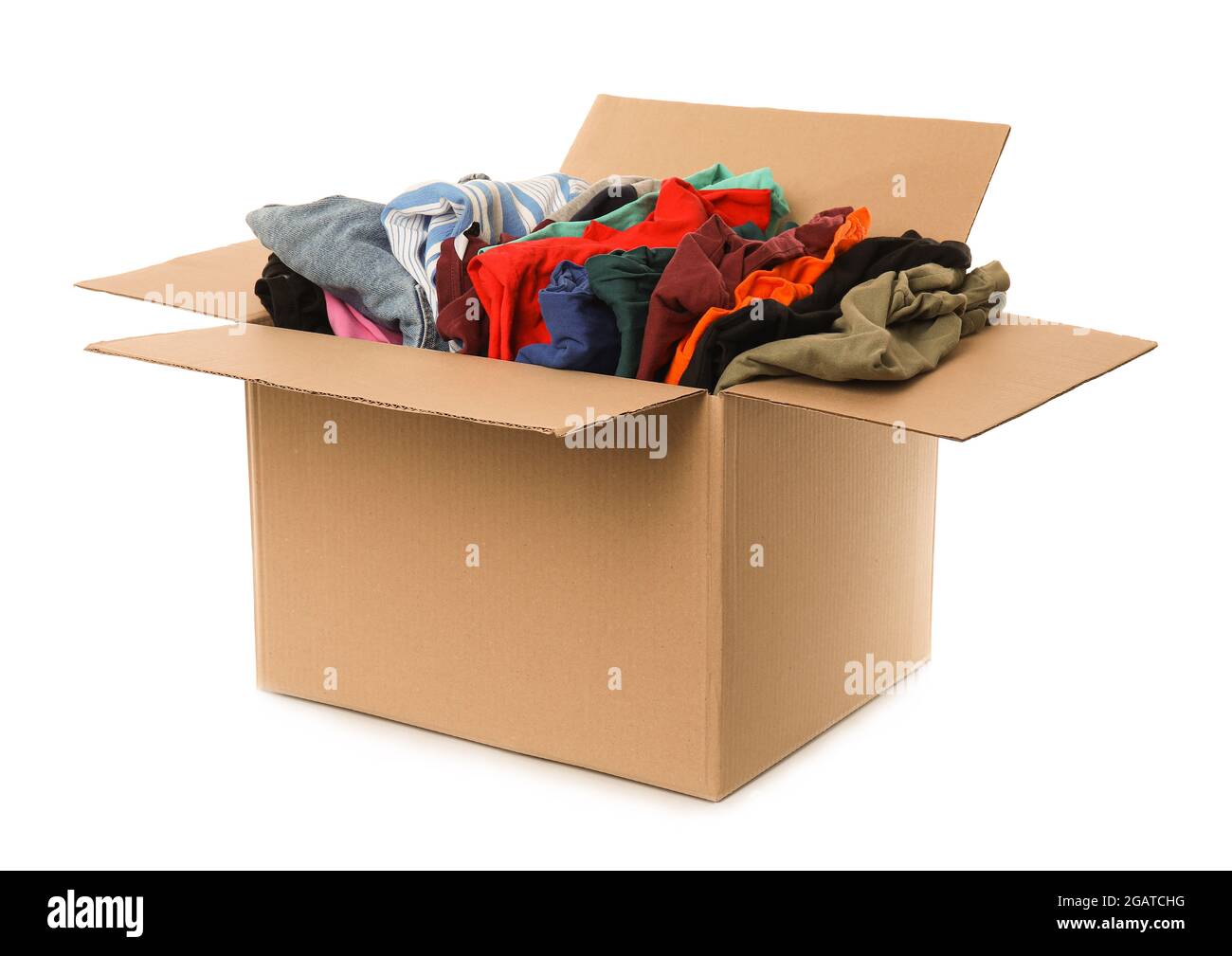 Wardrobe box with clothes on white background Stock Photo - Alamy