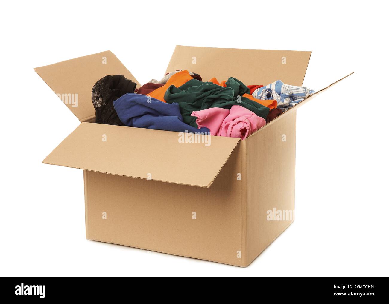 Wardrobe box with clothes on white background Stock Photo - Alamy
