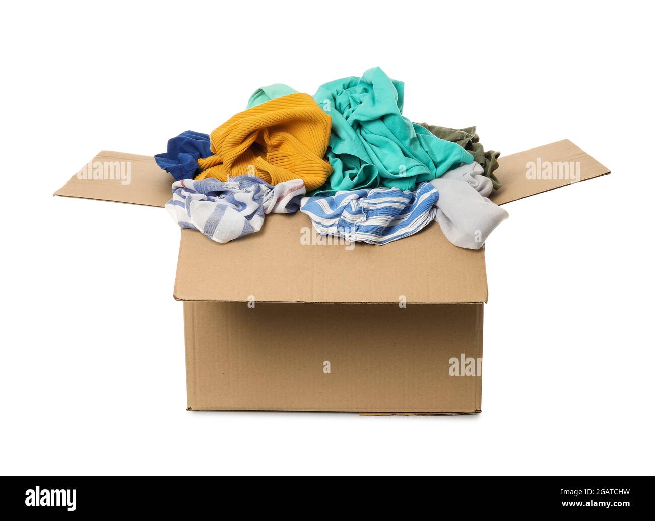 Wardrobe box with clothes on white background Stock Photo - Alamy