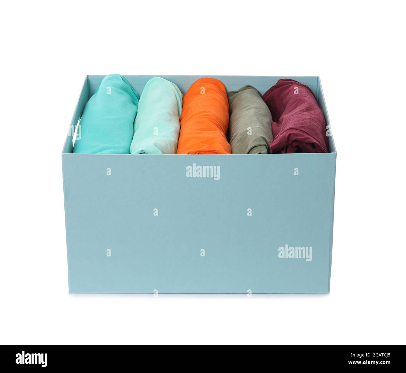 Wardrobe box with clothes on white background Stock Photo - Alamy