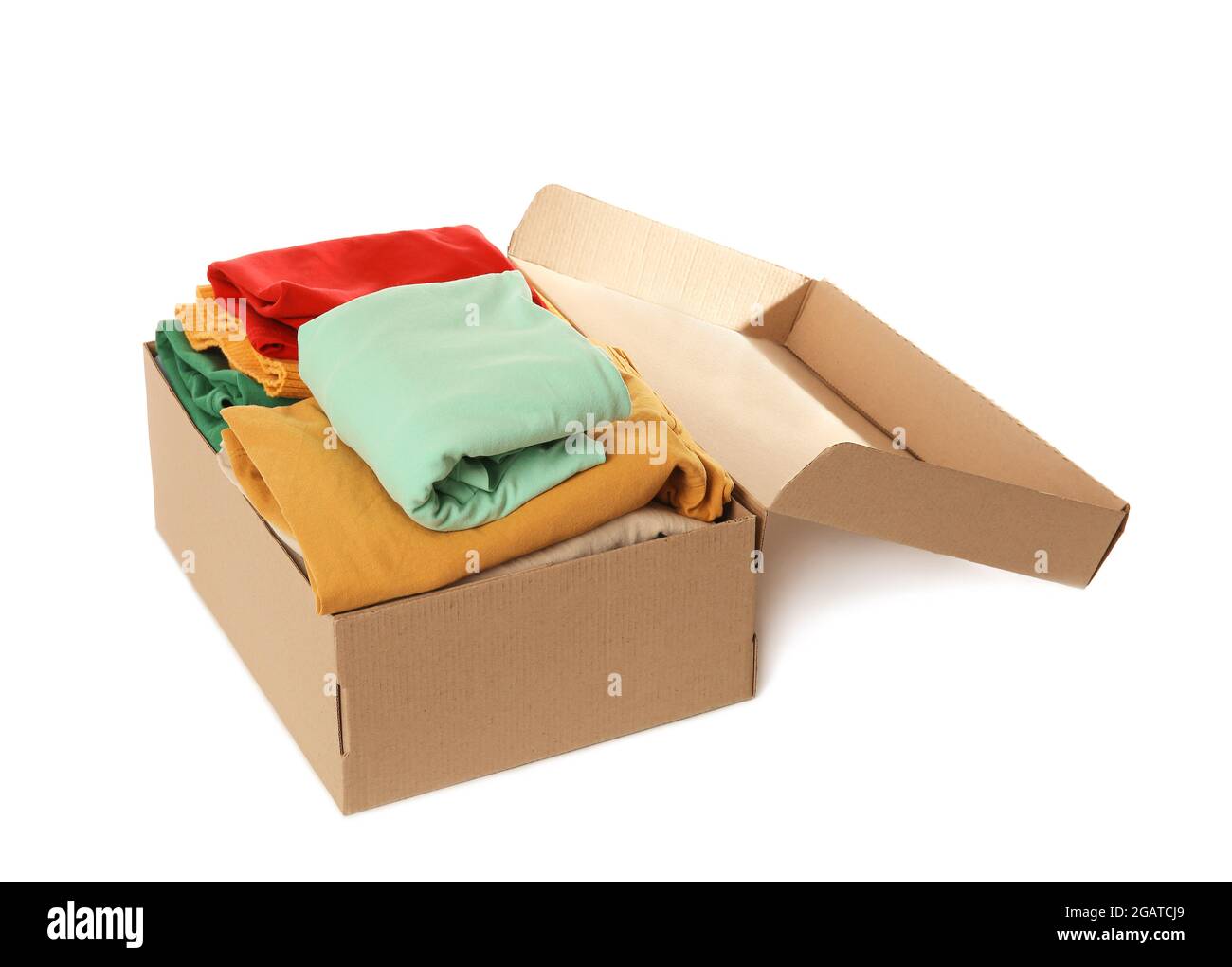Wardrobe box with clothes on white background Stock Photo - Alamy