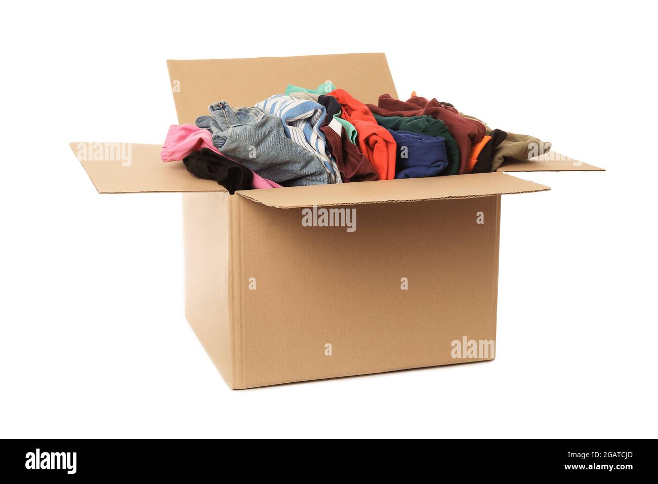 Wardrobe box with clothes on white background Stock Photo - Alamy