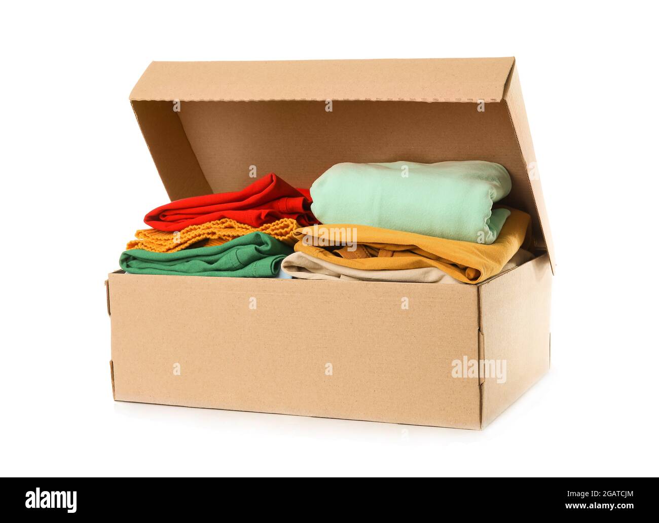 Wardrobe box with clothes on white background Stock Photo - Alamy