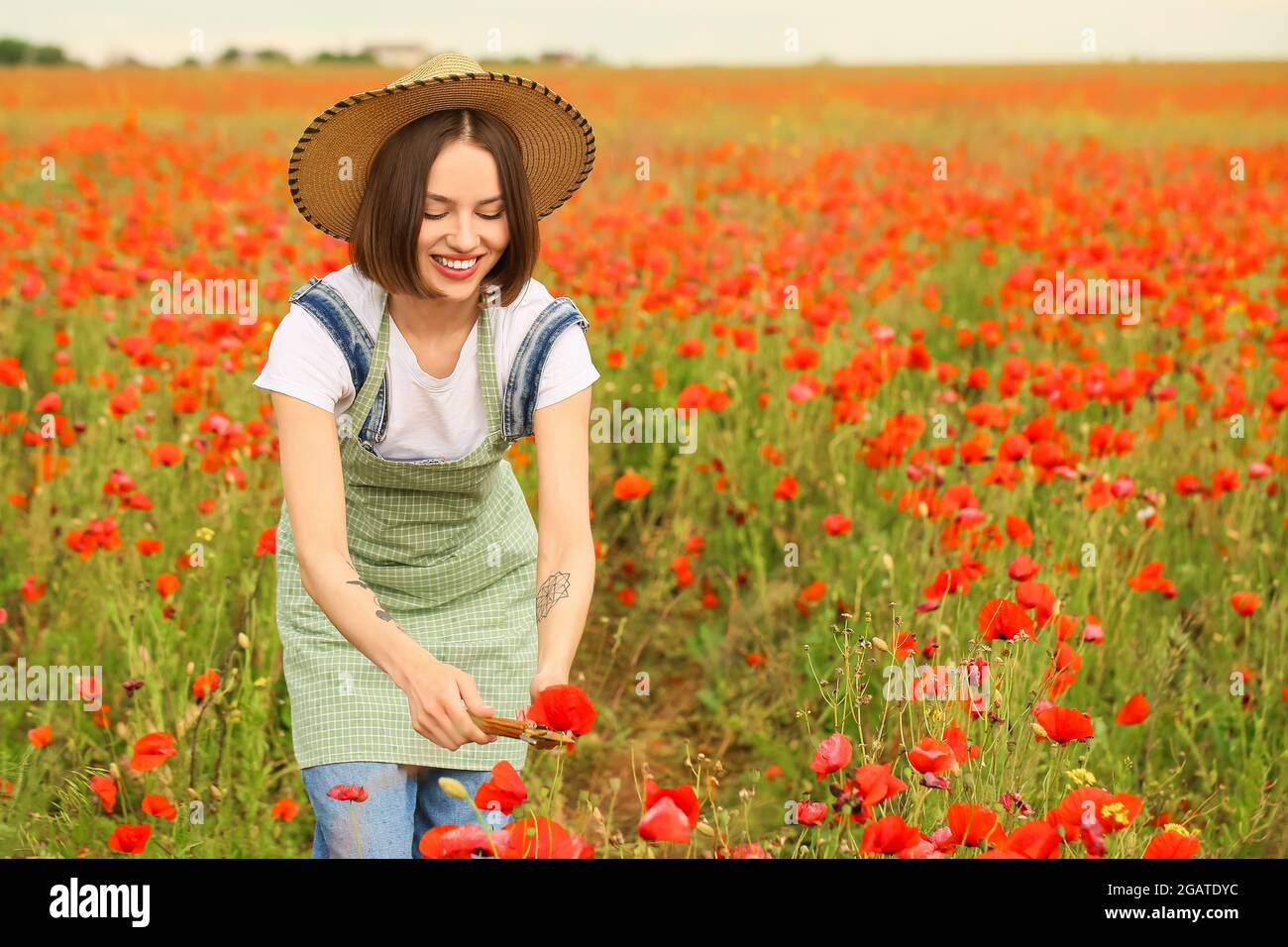 Beautiful female farmer in poppy field Stock Photo - Alamy