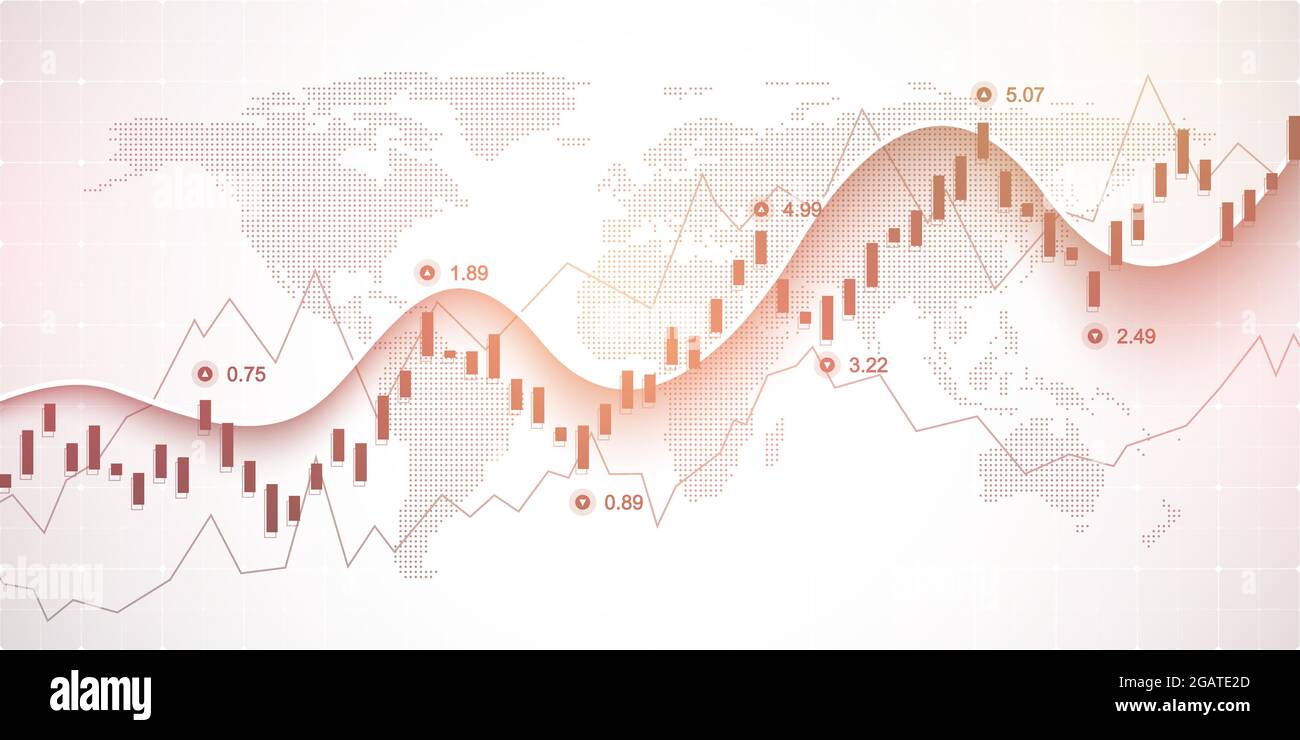 Abstract financial chart with uptrend line graph and world map on black ...