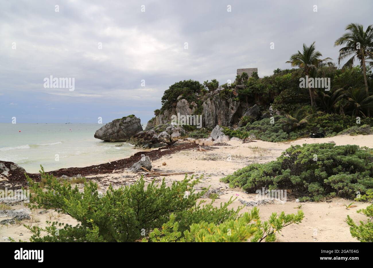 View of the coast and the tower of the Castillo in Tulum, Mexico Stock ...