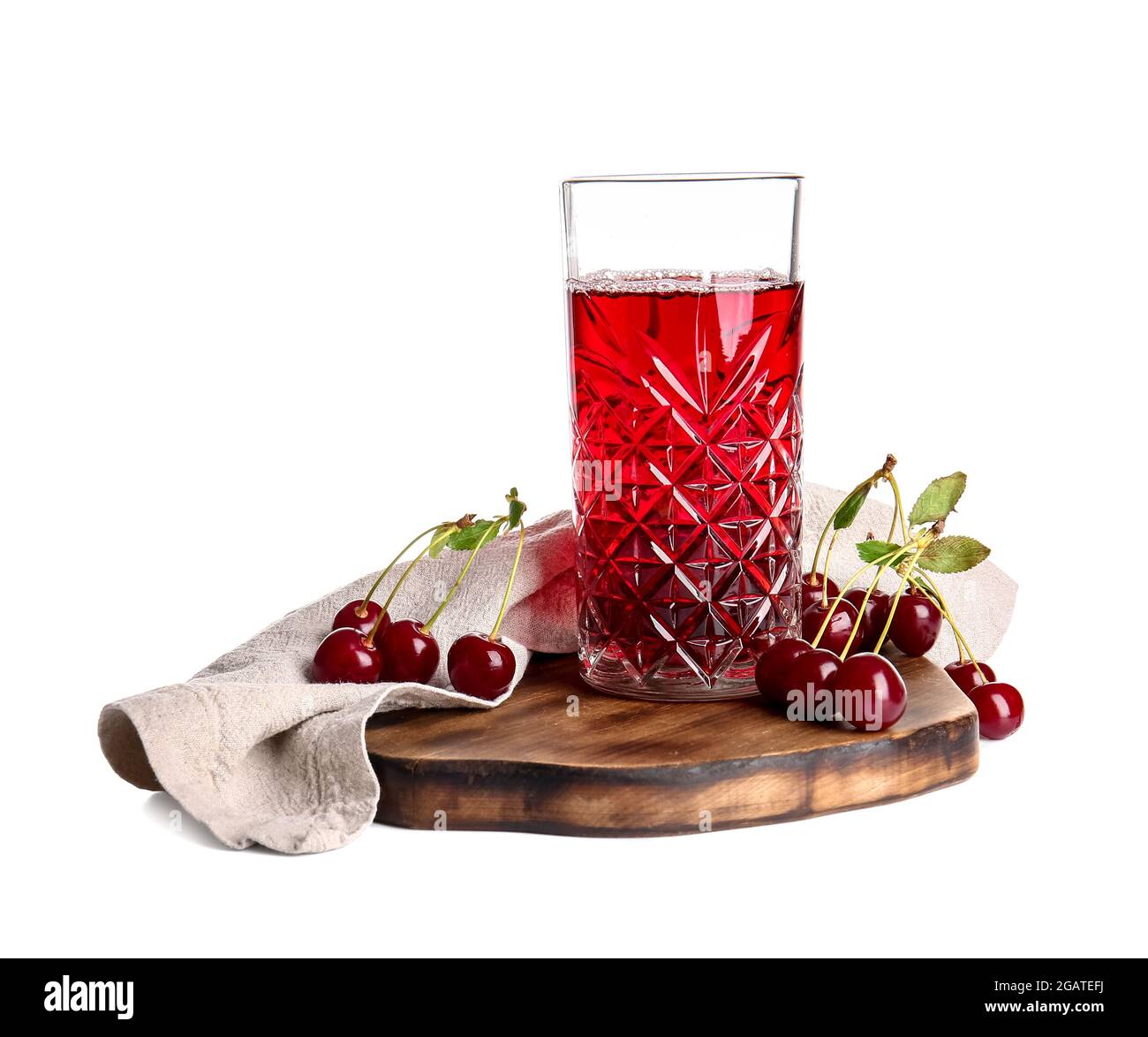 Board with glass of sweet cherry wine on white background Stock Photo ...