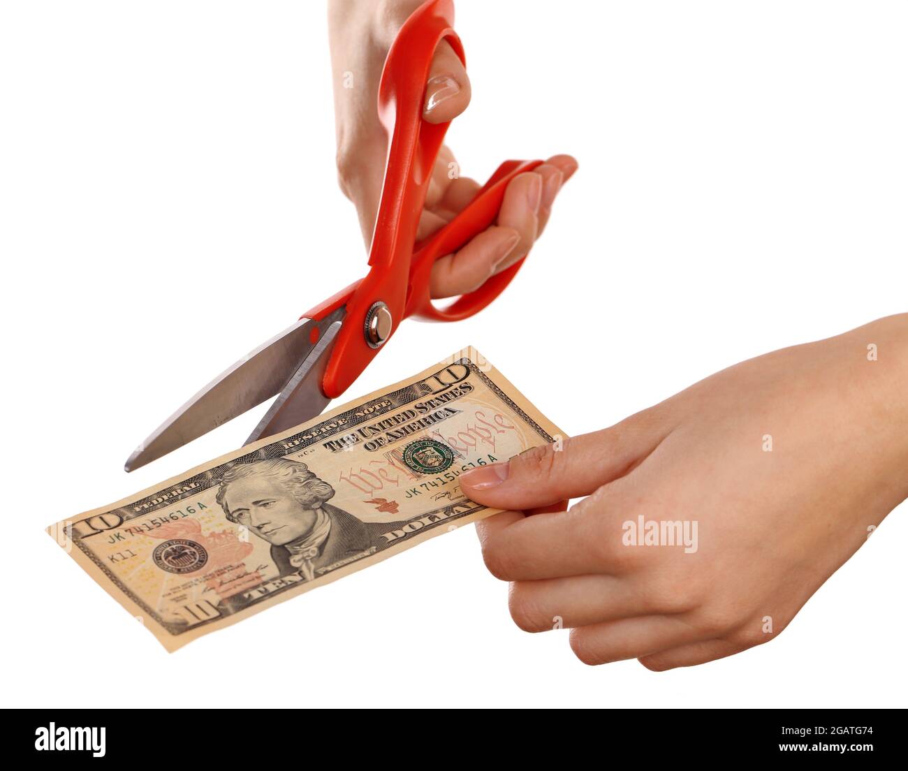 Hands with scissors cutting dollar banknote, isolated on white Stock ...