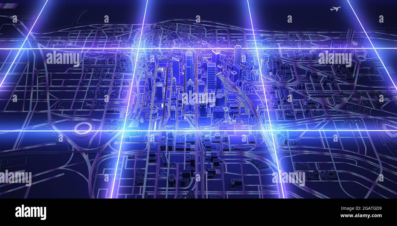 night city with neon grid aerial view. 3d rendering Stock Photo - Alamy