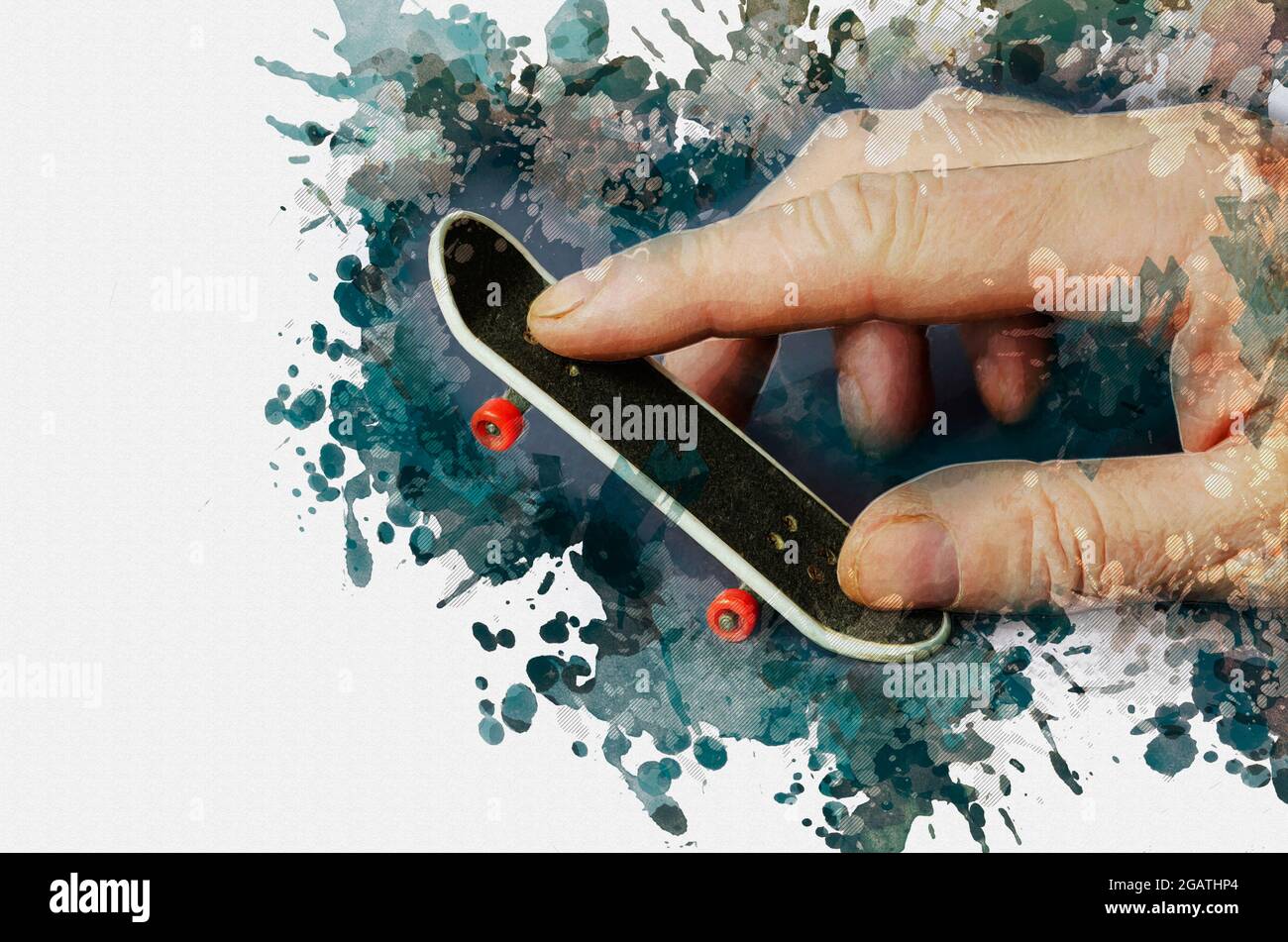 Digital watercolor painting Mini skate and hand. Male hand plays finger ...