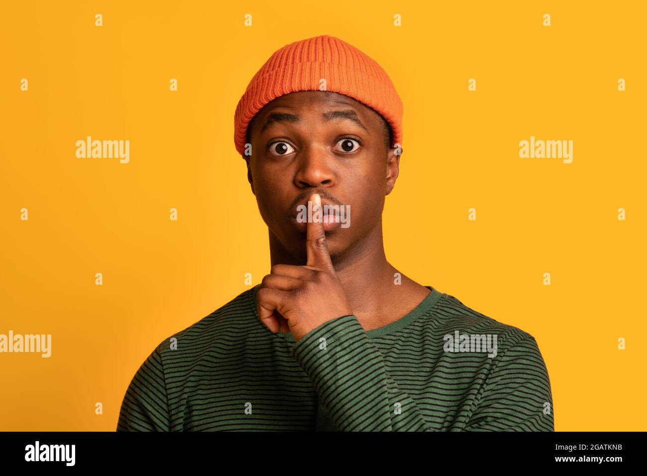 Keep Silence. Portrait Of Young Black Guy Showing Shh Gesture At Camera ...